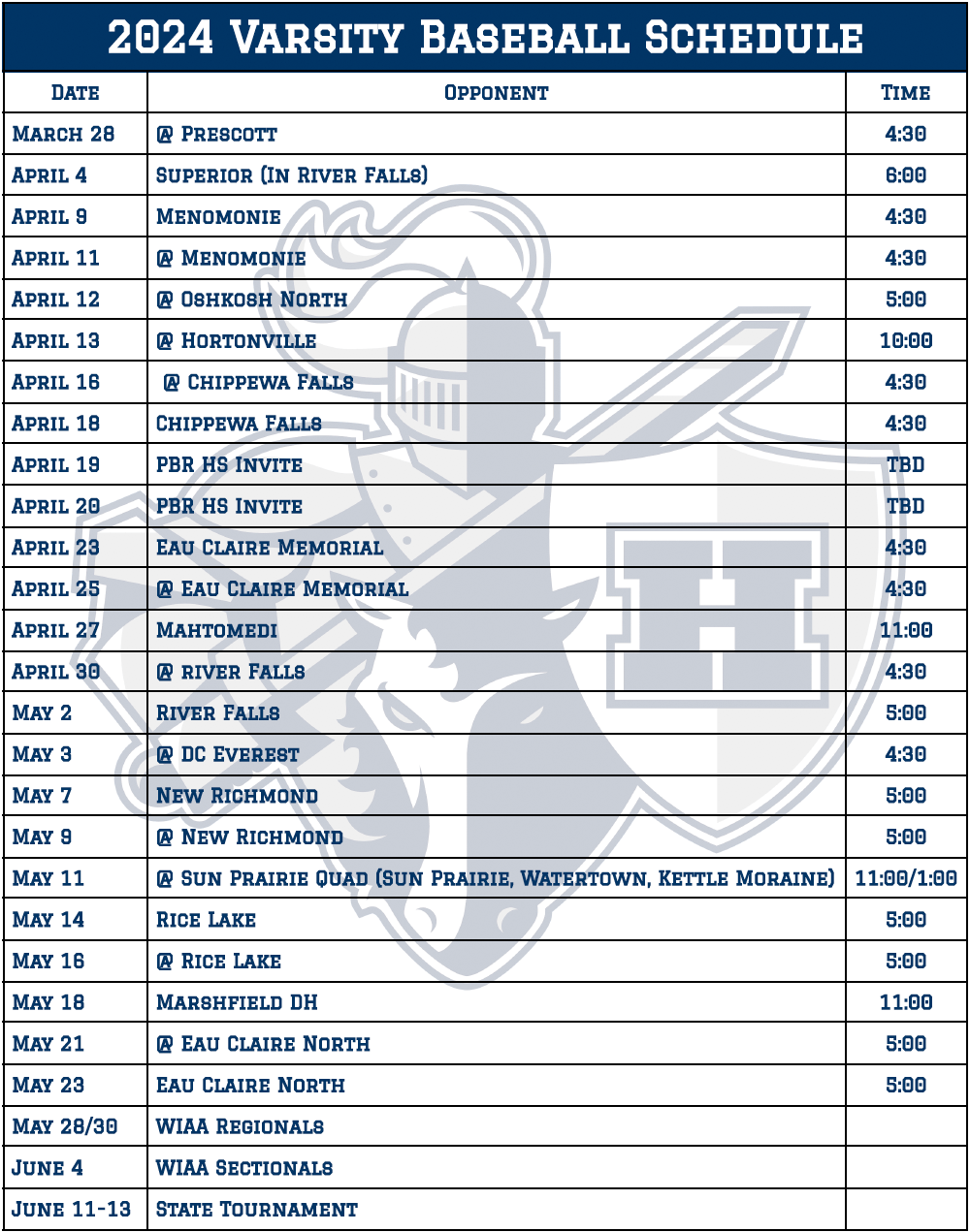 Varsity Game Schedule | Hudson Raider Baseball